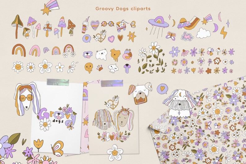 Groovy Retro Dogs Clipart Bundle and Seamless Patterns, Dog Png, Retro ...