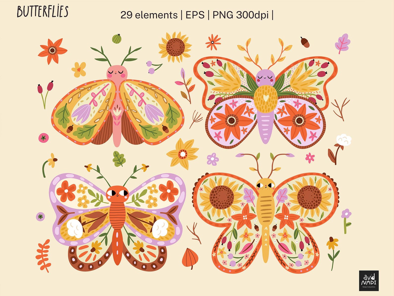 Autumn Butterfly Clipart Set, Boho Folk Butterflies PNG, Cute Fall ...