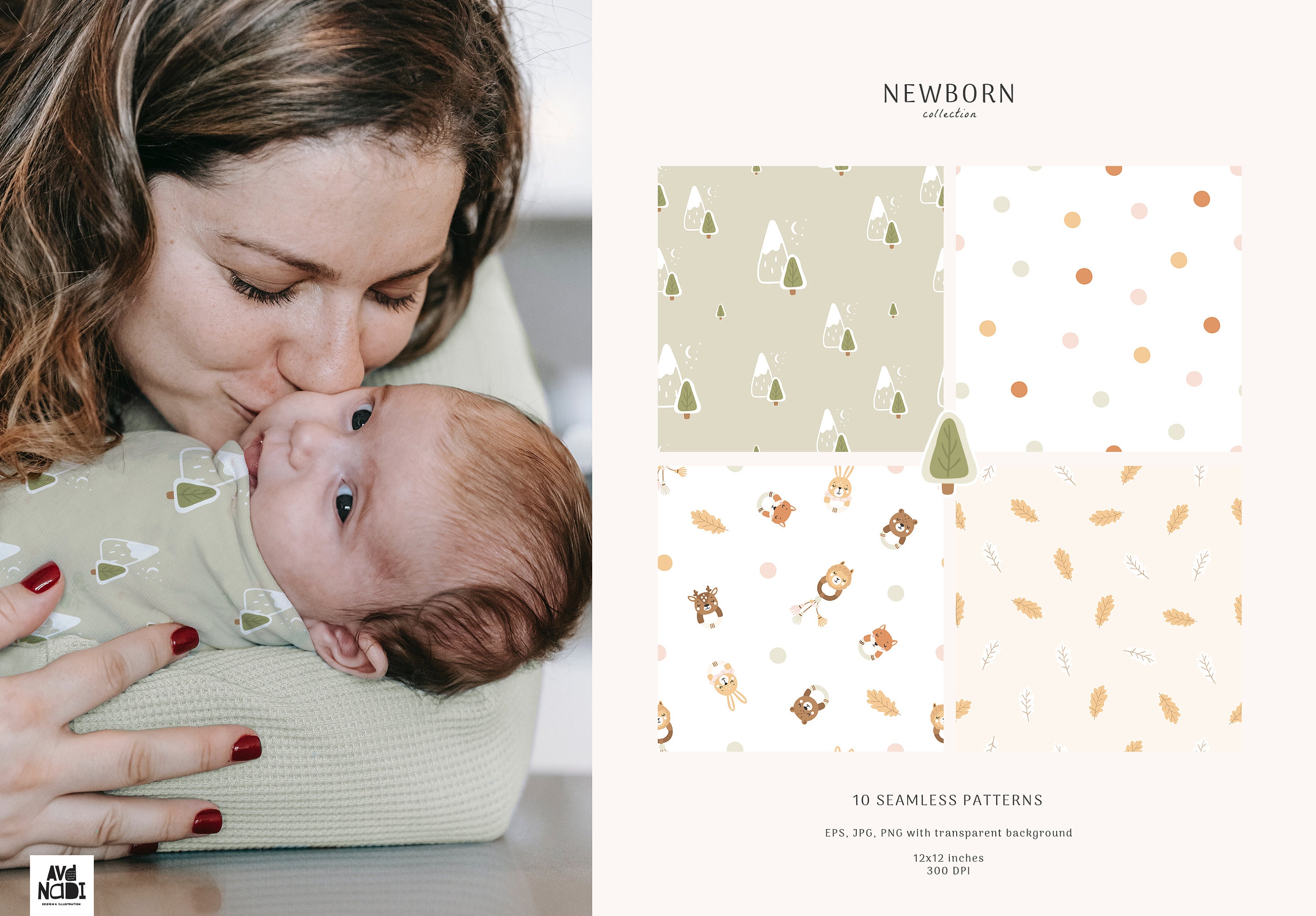 Newborn Baby Digital Paper Pack, Baby Boy Seamless Pattern, Woodland ...