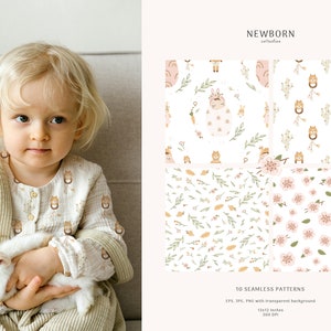 Newborn Digital Paper Pack, Baby Seamless Pattern, Floral Digital Paper ...