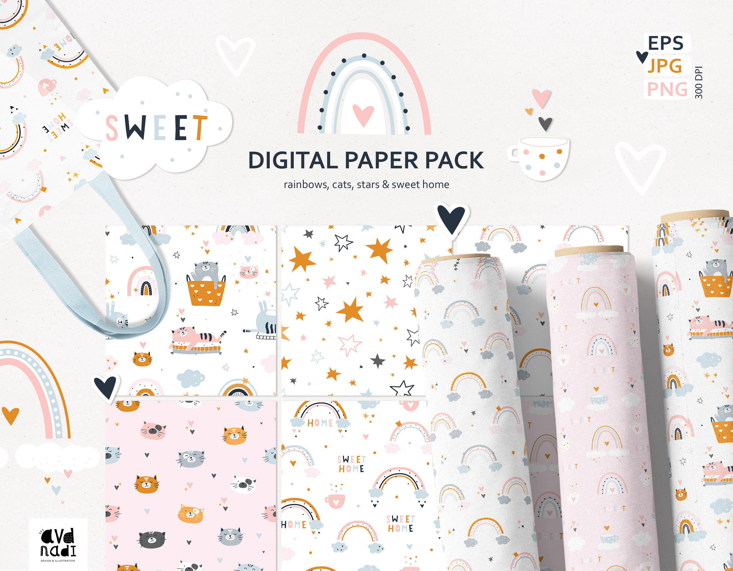 Pastel Rainbow Digital Paper, Cat Seamless Pattern, Baby Girl Seamless ...
