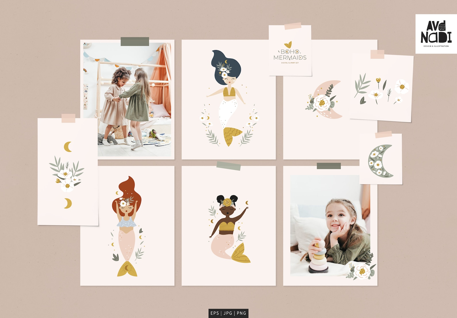 Boho Mermaid Clipart, Boho Baby Clipart, Nursery Clipart, Dark Skin ...