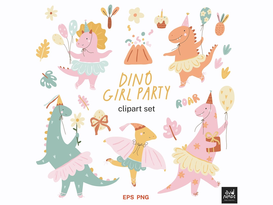 Dino Girl Party Clipart Set, Ballerina Dinosaur Birthday Graphics, Kids ...