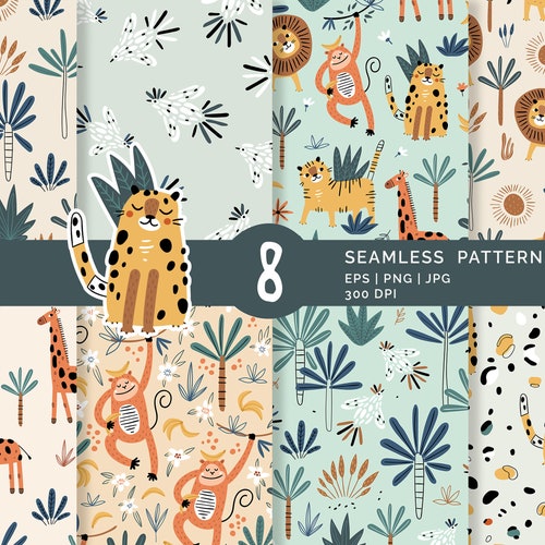 Safari Digital Paper Pack Jungle Animals Seamless Pattern - Etsy
