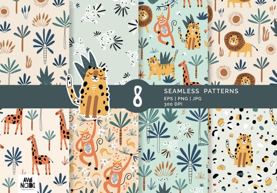 Safari Digital Paper Pack Jungle Animals Seamless Pattern | Etsy