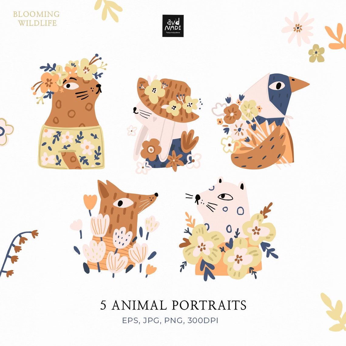 Cute Animals in Flowers Clipart Set, Leopard Png, Fox, Bird, Hare ...