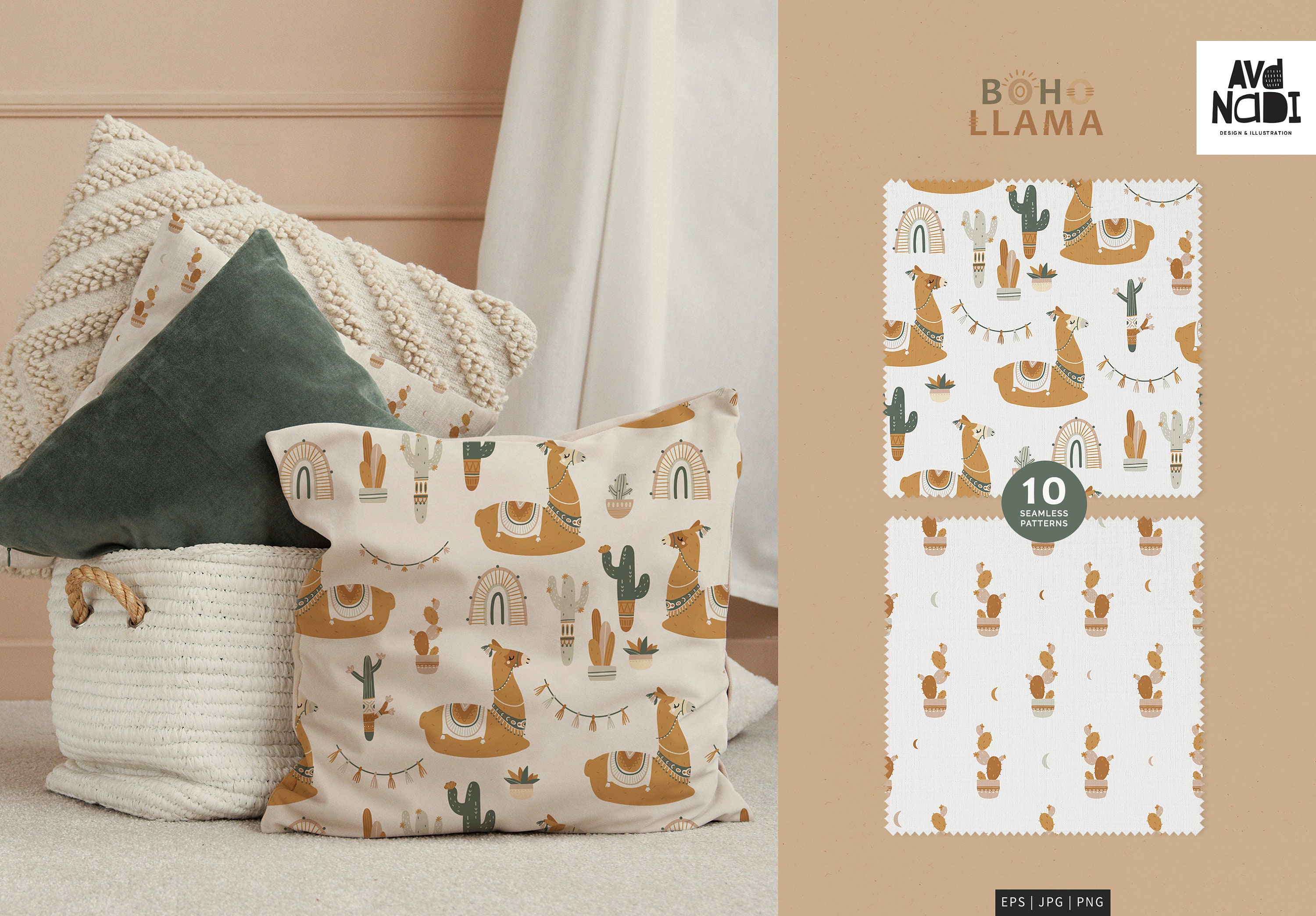 Boho Llama Digital Paper, Llama Seamless Pattern, Llama Png, Boho ...