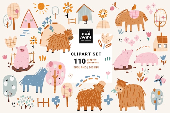 Funny Farm Clipart Set Farm Animals Clipart Cow Png Pig - Etsy