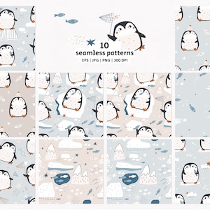 Cute Penguin Digital Paper Pack, Arctic Animal Seamless Pattern, Winter ...