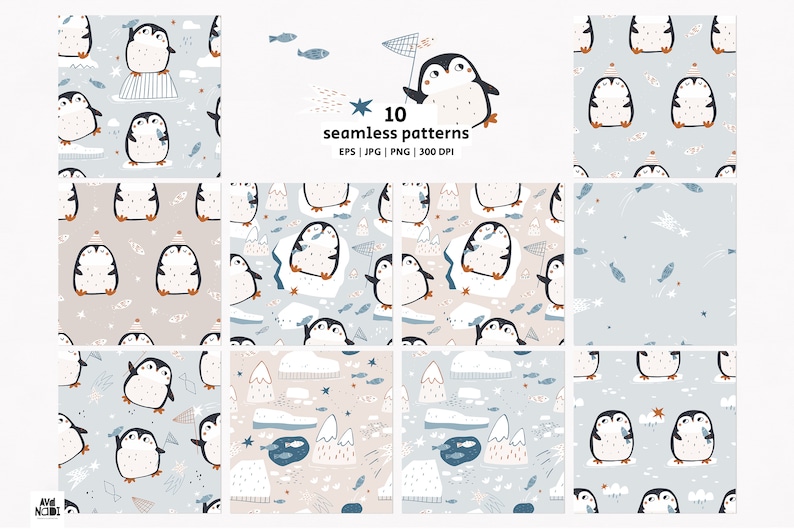 Cute Penguin Digital Paper Pack, Arctic Animal Seamless Pattern, Winter ...