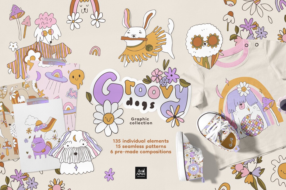 Groovy Retro Dogs Clipart Bundle and Seamless Patterns, Dog Png, Retro ...