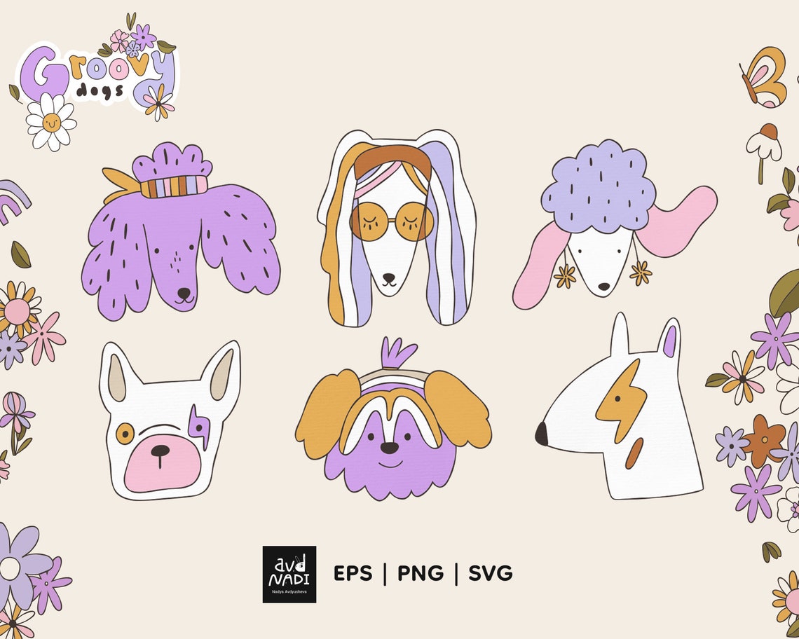 Groovy Dog Clipart, Cartoon Dog Retro Png, Bulldog, Poodle, Dog Svg ...
