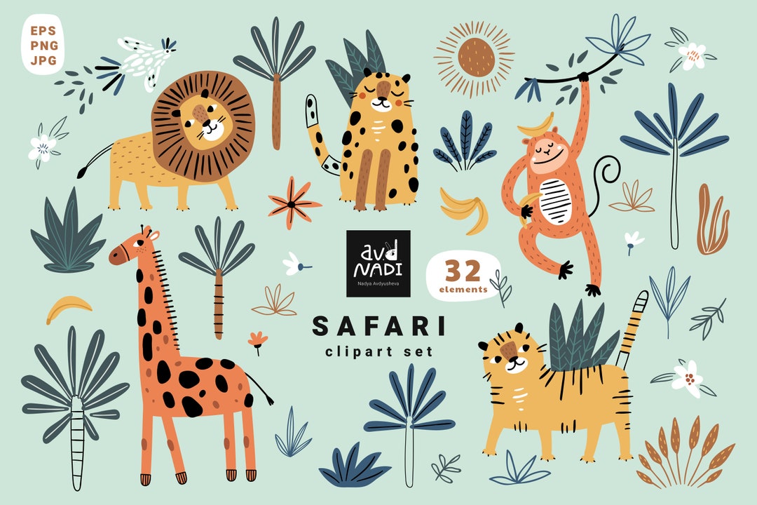 Safari Animals Clipart Set, Jungle Animals Cute Clipart, Lion, Giraffe ...