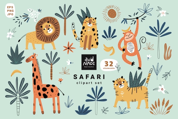 Safari Animals Clipart Set Jungle Animals Cute Clipart Lion - Etsy