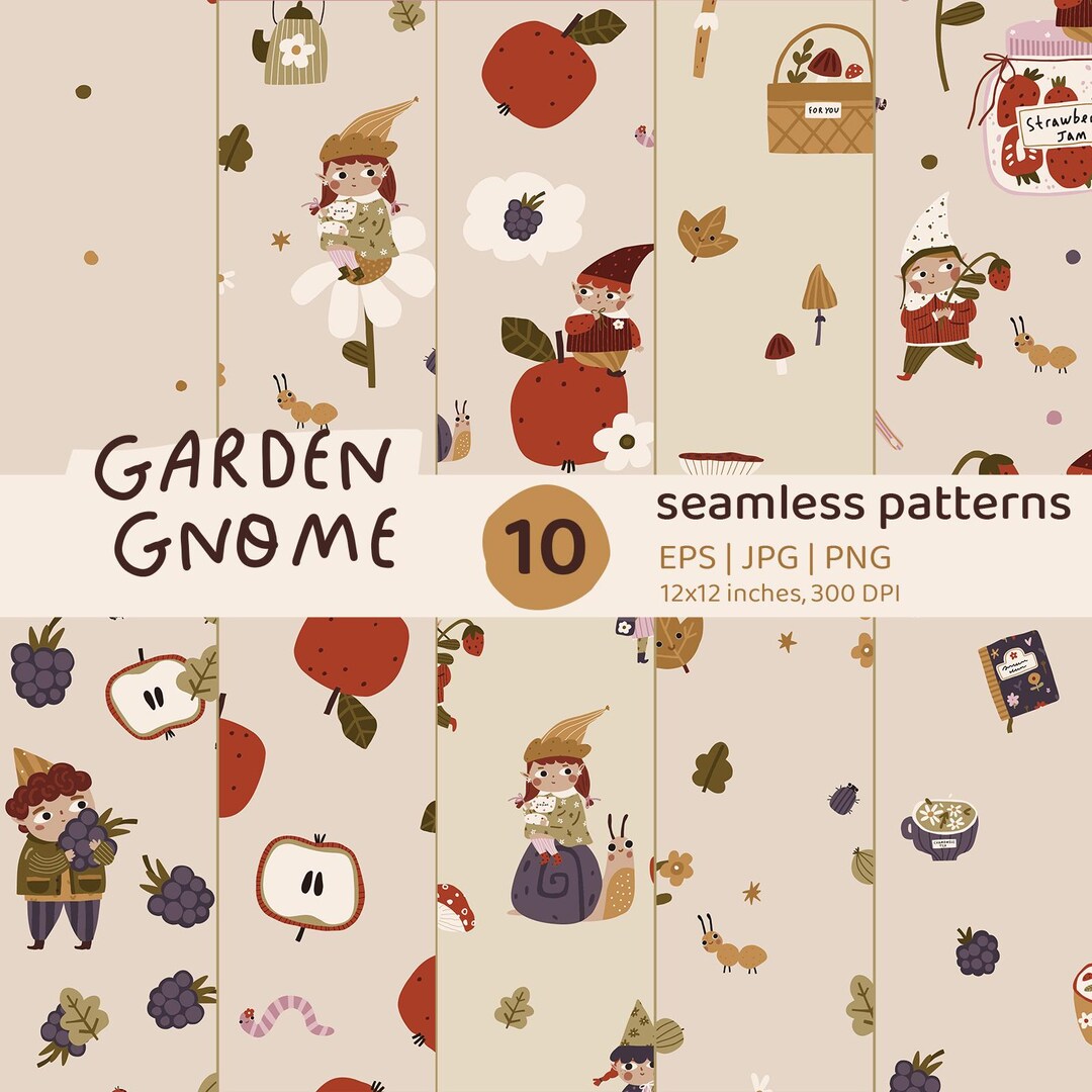 Autumn Garden Gnomes Seamless Patterns, Cute Gnomes Digital Paper ...