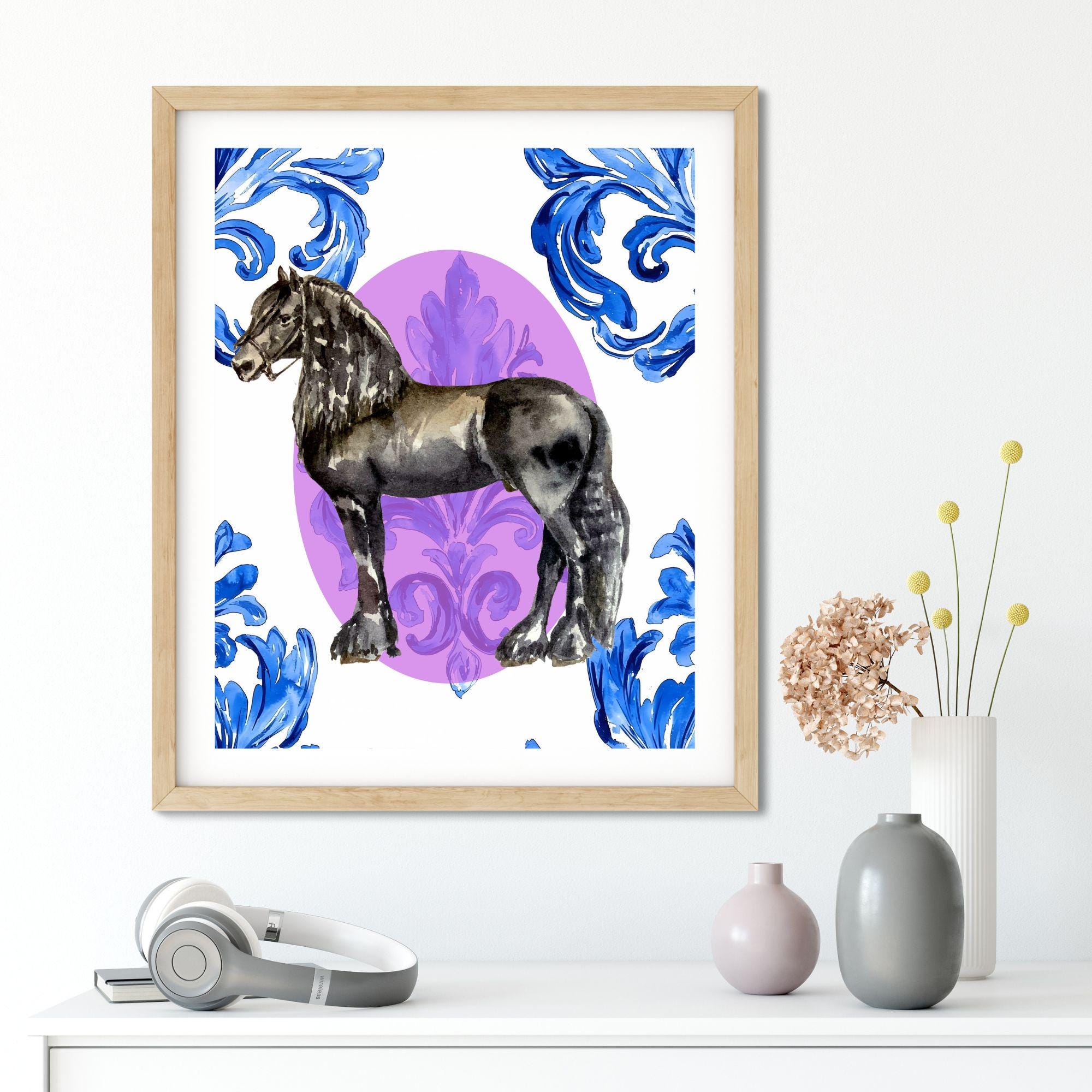 Modern Blue Chinoiserie Friesian Horse Wall Art Printable Digital ...