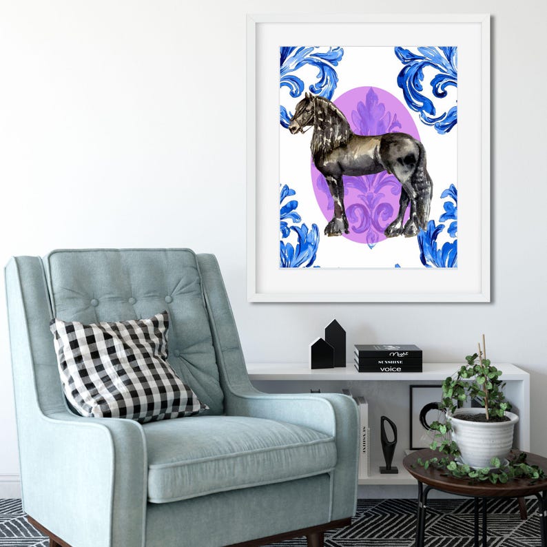 Modern Blue Chinoiserie Friesian Horse Wall Art Printable Digital ...