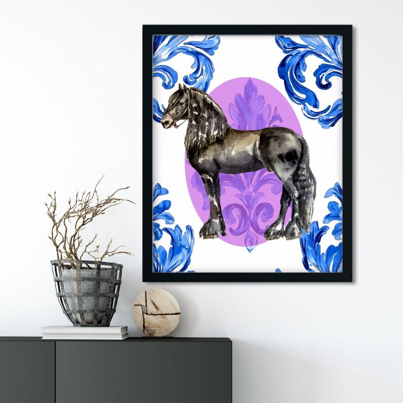 Modern Blue Chinoiserie Friesian Horse Wall Art Printable Digital ...
