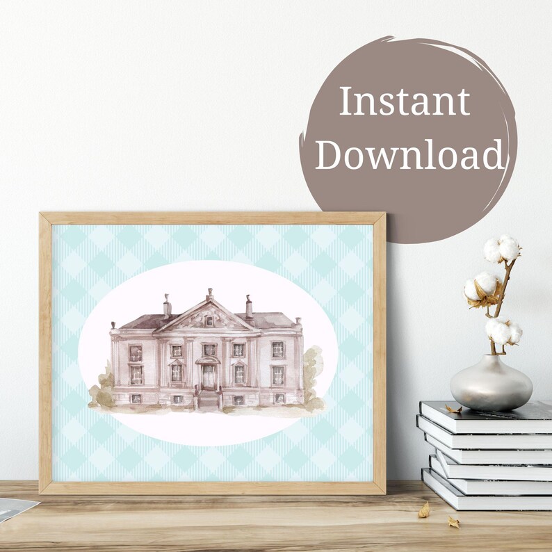 Grand Millennial Manor House Printable Wall Art Gingham Pattern Digital ...