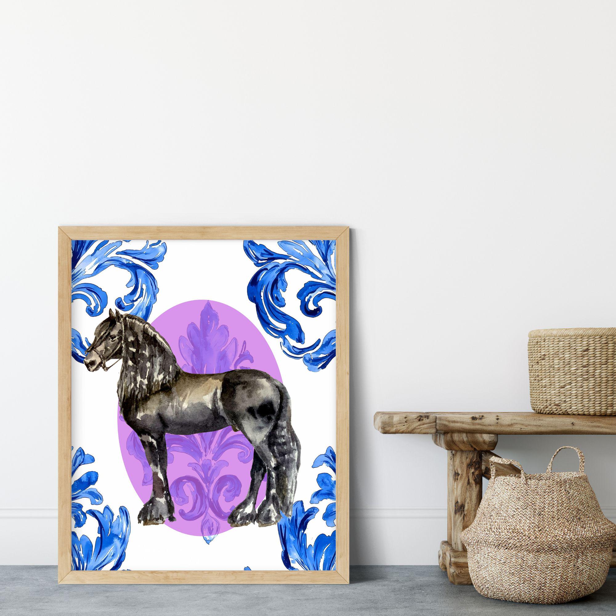 Modern Blue Chinoiserie Friesian Horse Wall Art Printable Digital ...