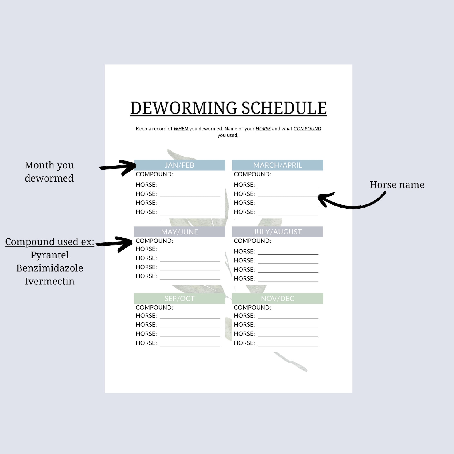 Horse Deworming Schedule Printable Horse Deworming Schedule - Etsy