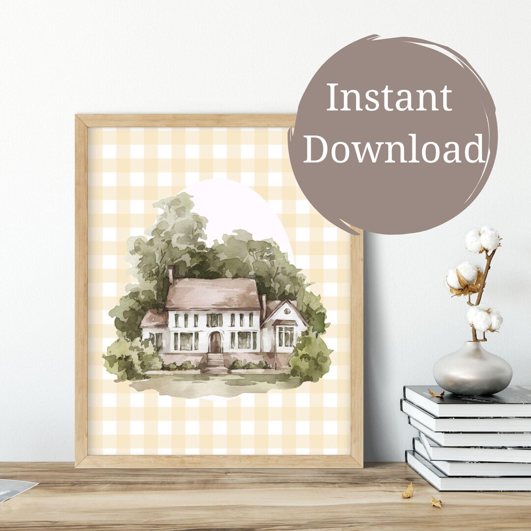 Grand Millennial Manor House Printable Wall Art Gingham Pattern Digital ...