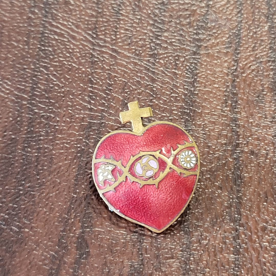 Vintage Enameled Sacred Heart Brooch, Gilt Brass & Enameled Heart With ...