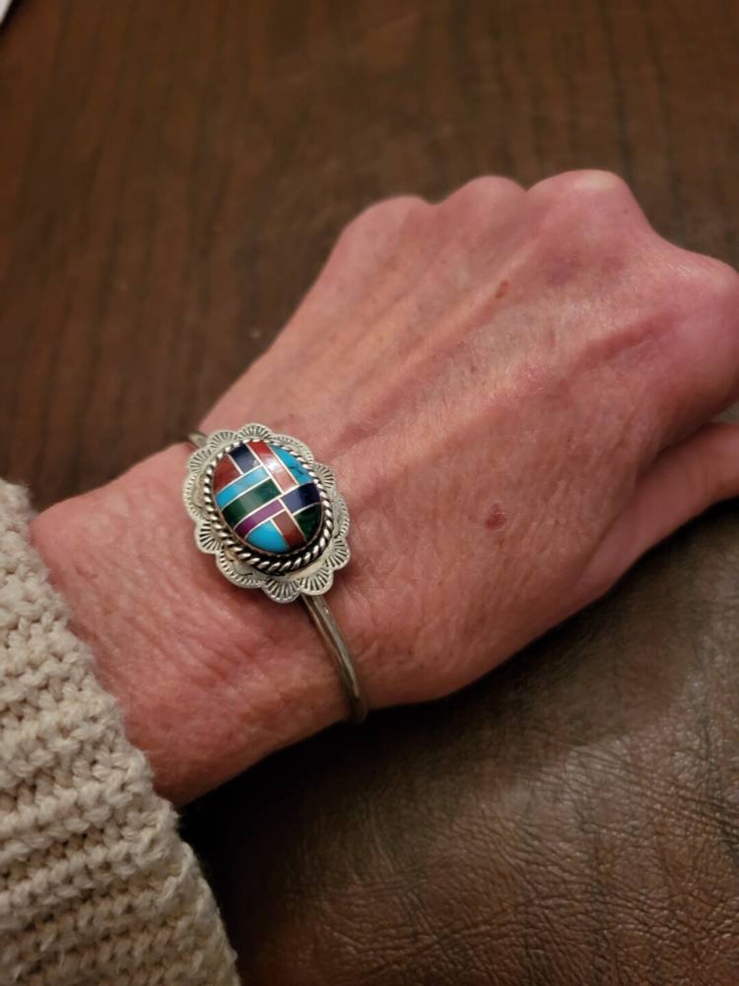 Vintage Verna Blackgoat Sterling Silver and Inlaid Bracelet, Small ...