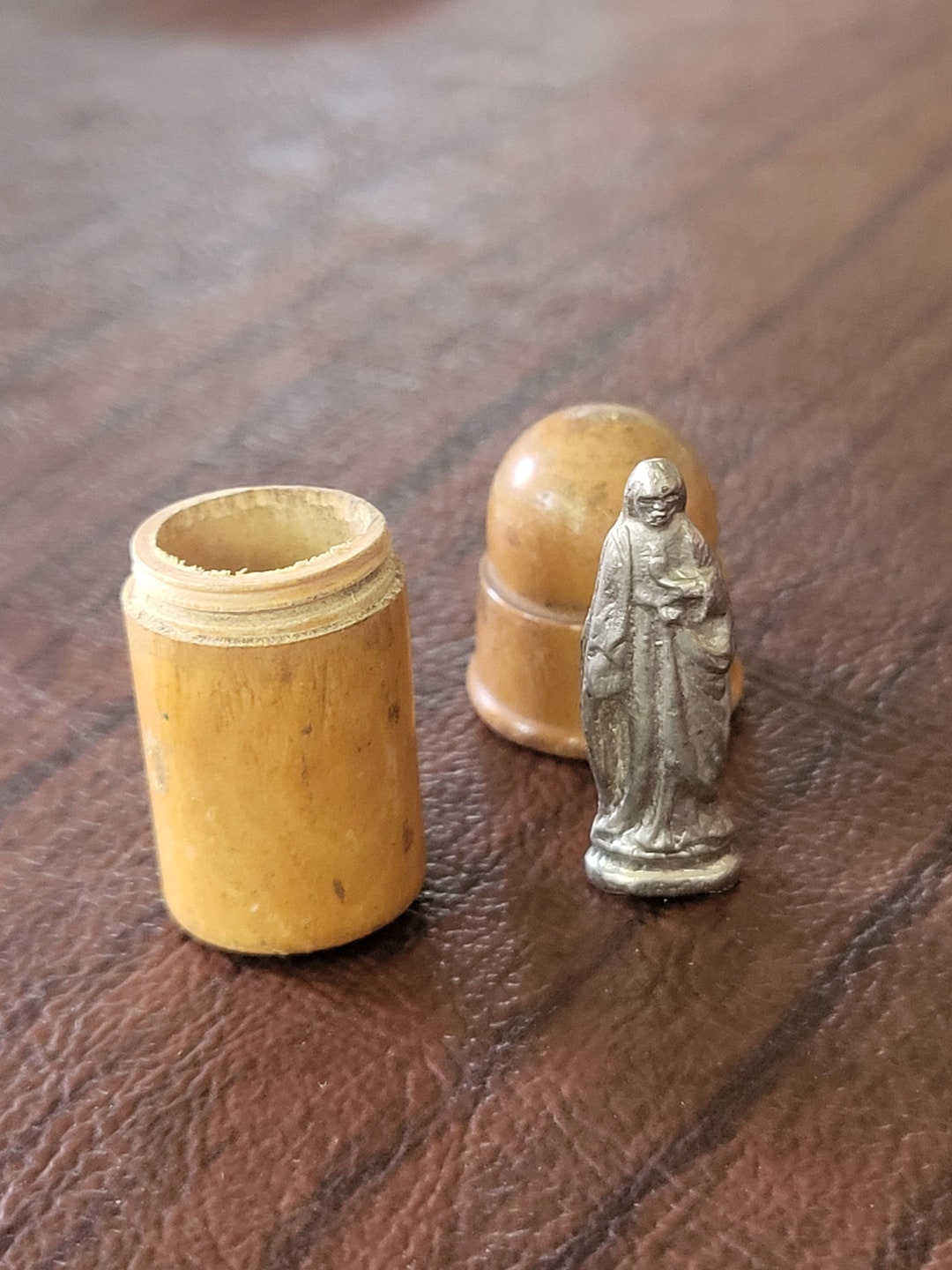 Rare French Wooden Capsule Pocket Shrine With Lead Saint Statue, Sacred ...