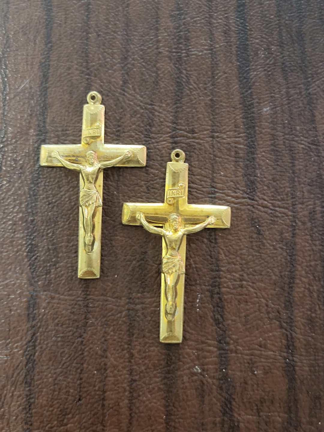 Vintage Pair of Creed Crucifix Cross Pendants, Brass Colored Metal ...