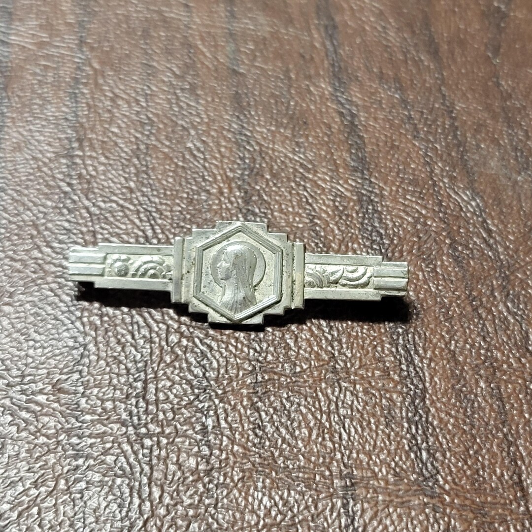 Vintage French Religious Bar Pin/brooch, Silver Plated Bar Brooch With ...
