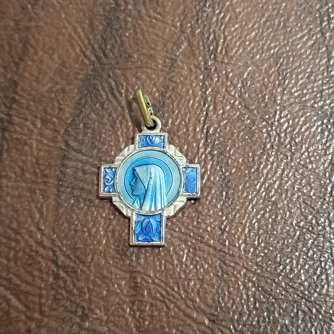 Gorgeous Enameled Virgin Mary Cross, Small Blue Guilloche Cross With ...