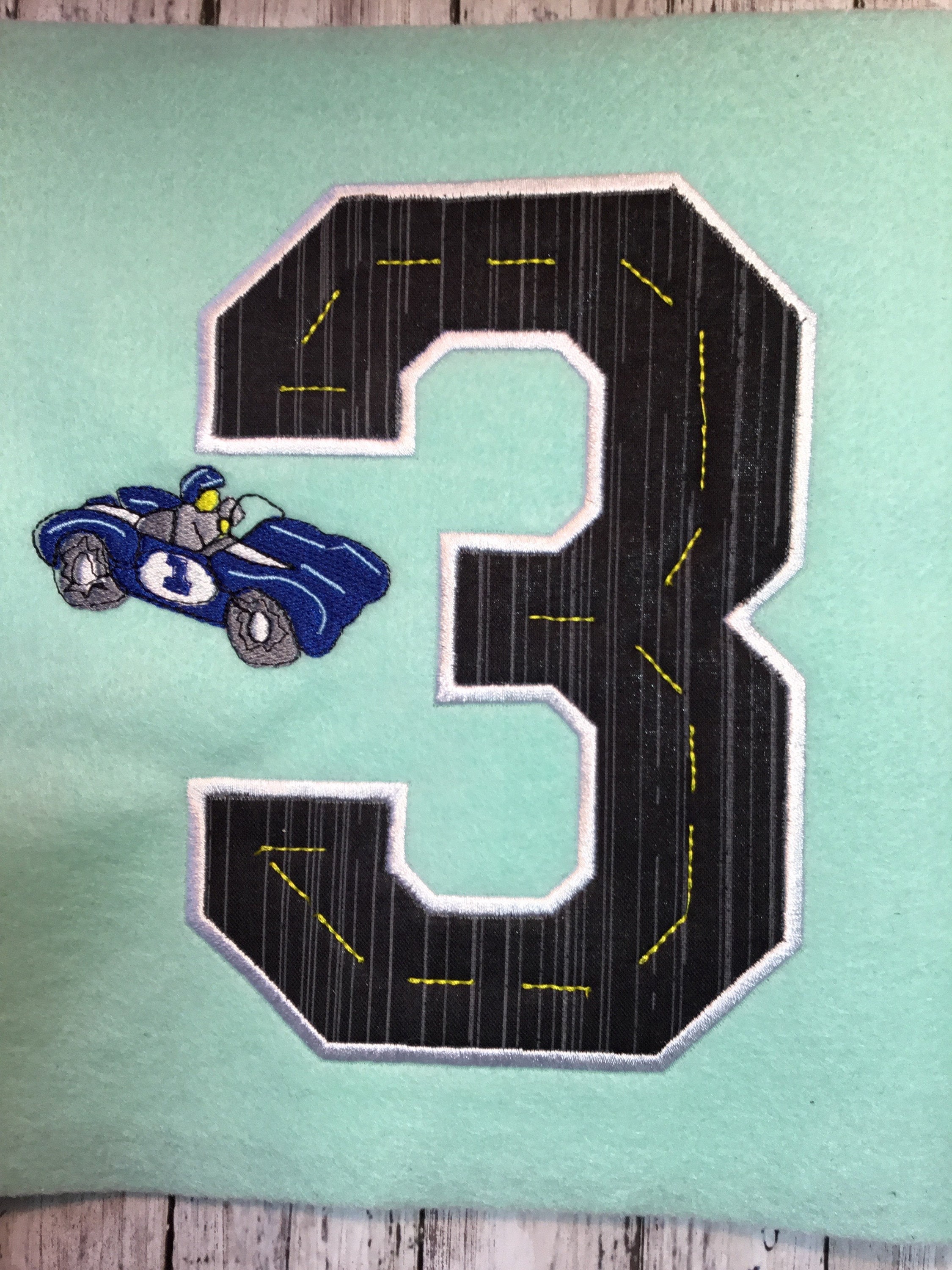Number Three Birthday Applique Racetrack and Race Car Embroidery Design ...