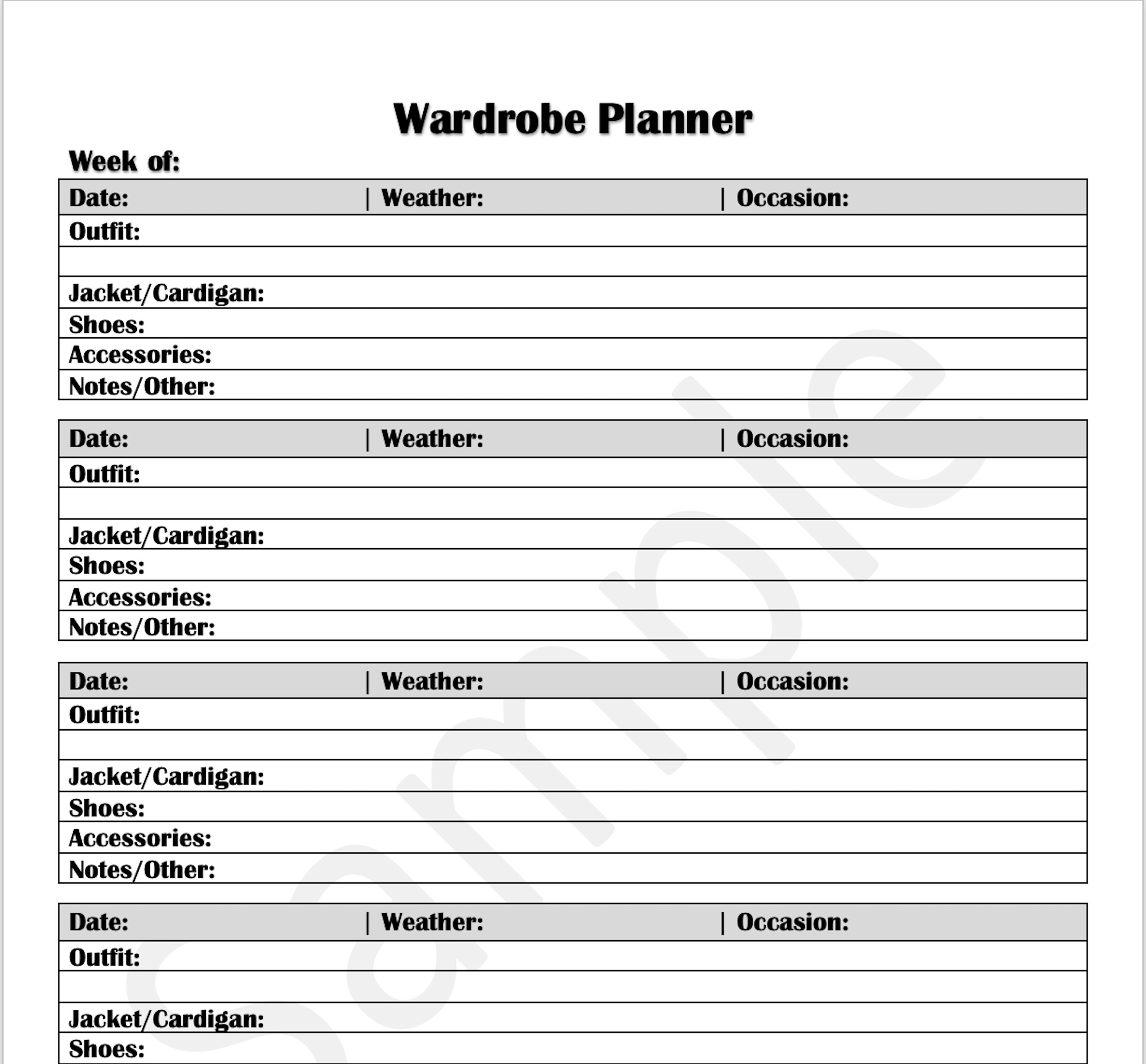 Weekly Wardrobe and Outfit Planner Template *printable* - Etsy