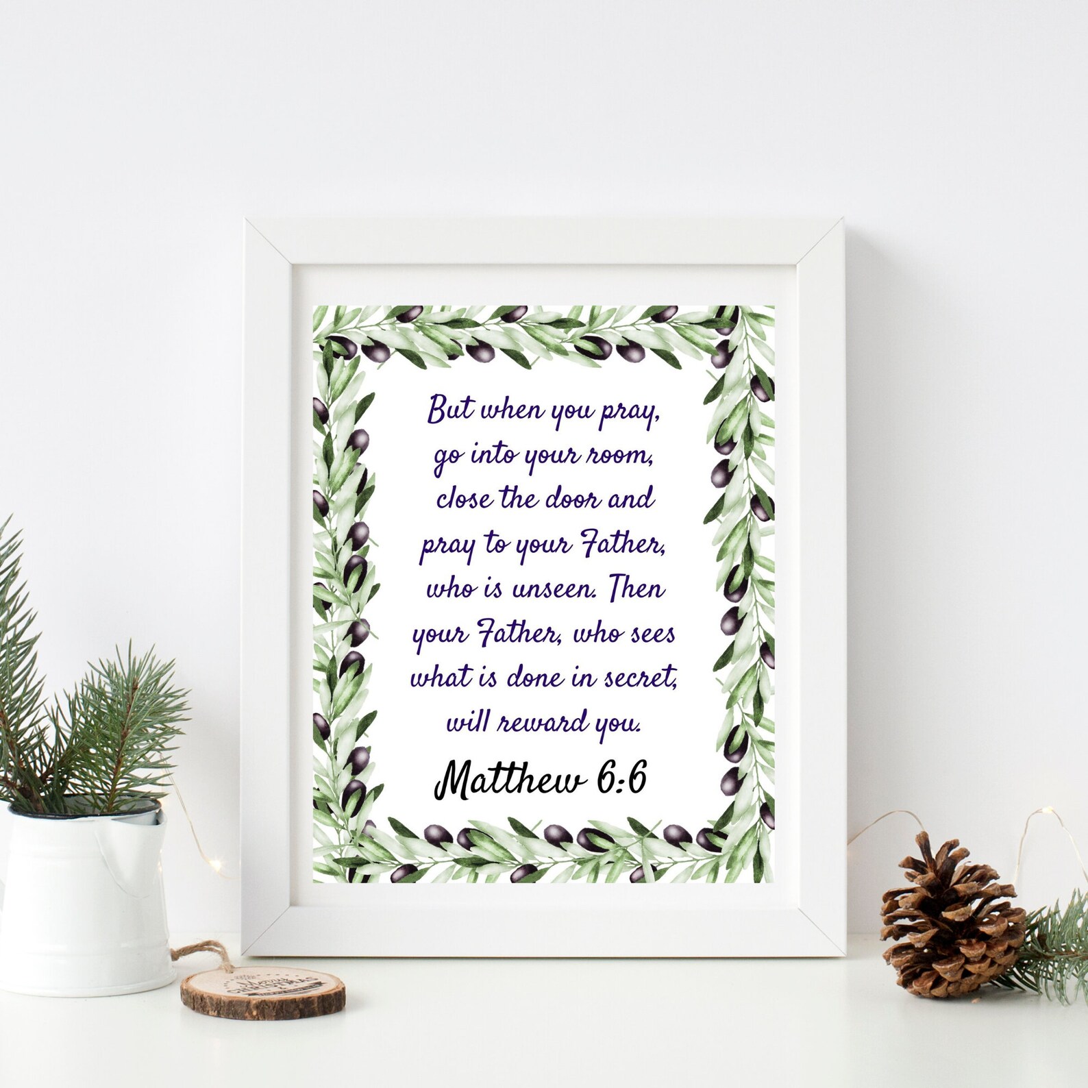 Matthew 6:6 Printable Wall Art With Olive Branch , 8x10 Christian Bible ...