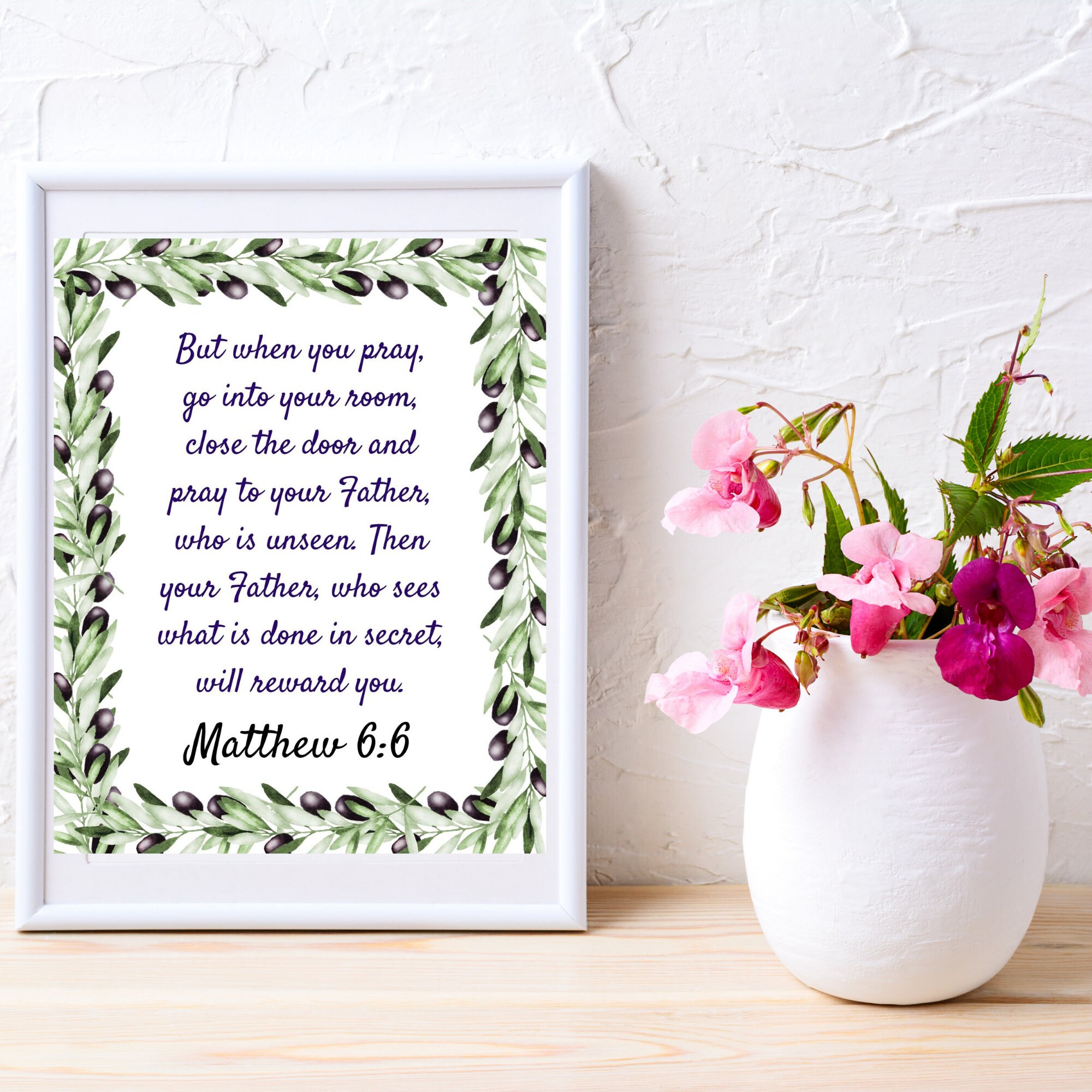Matthew 6:6 Printable Wall Art With Olive Branch , 8x10 Christian Bible ...