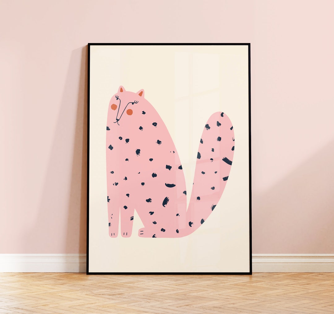 Pink Cat Illustration Print Scandi Cat Print Boho Nursery - Etsy