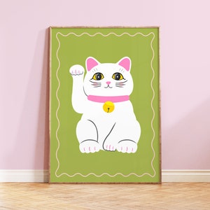 Lucky Cat Print, Maneki, Neko Wall Art, Pink Cat Illustration, Japanese ...