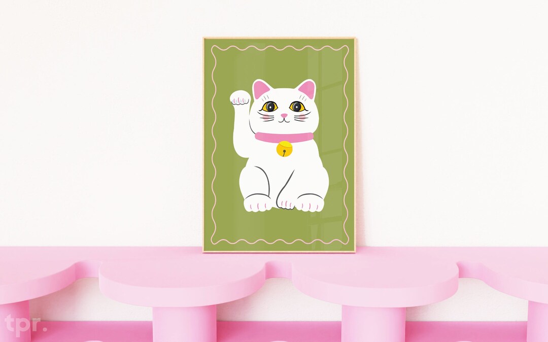 Lucky Cat Print, Maneki, Neko Wall Art, Pink Cat Illustration, Japanese ...