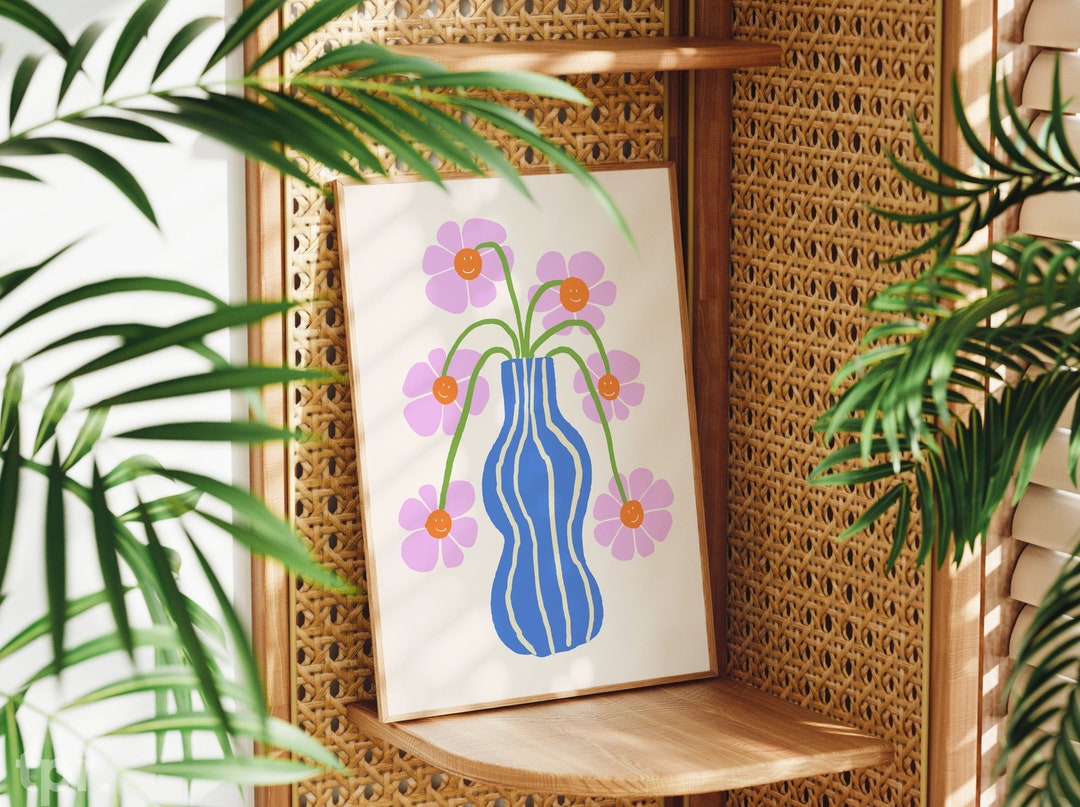 Funky Retro Flowers Print, Y2K Colourful Plant Wall Art, Retro Flower ...