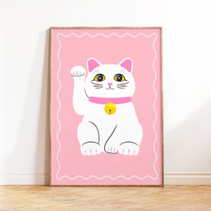 Lucky Cat Print, Maneki, Neko Wall Art, Pink Cat Illustration, Japanese ...