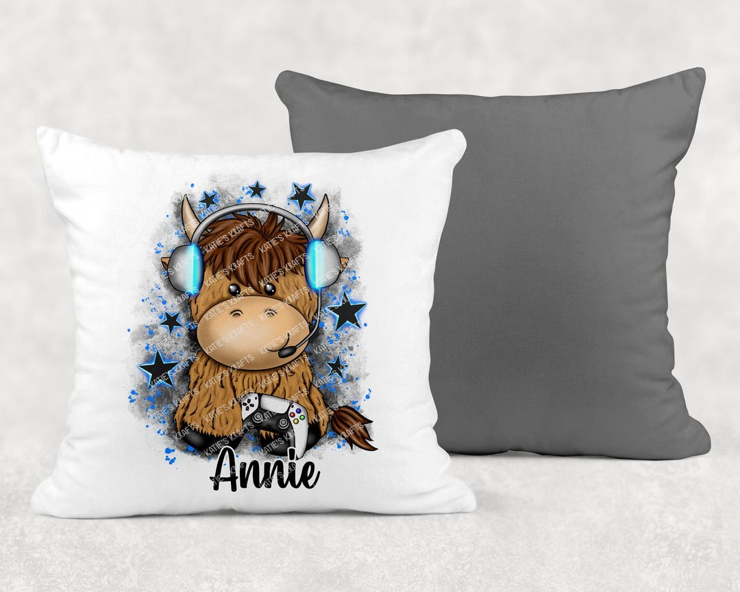 Personalised Gamer Highland Cow Coo Cushion, Cuddle Pillow, Birthday ...