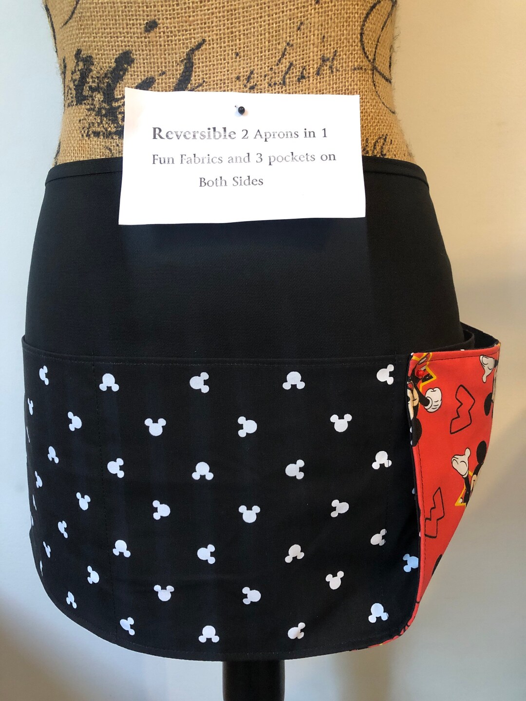 2 in 1 Reversible Mickey Minnie Mouse Fabrics Waitress 3 Pocket Half ...