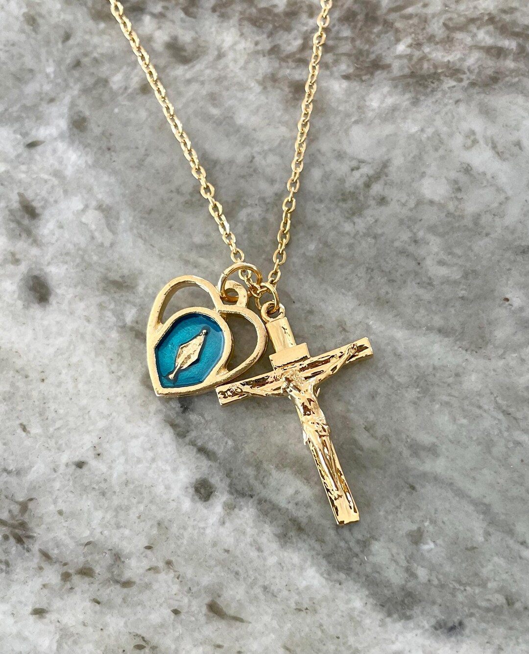 Gold Crucifix and Mother Mary Necklace Blessed Mary Necklace Miraculous ...
