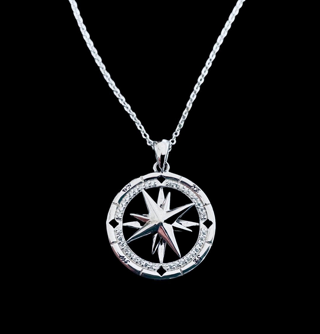 Spinner Compass Necklace CZ 925 Sterling Silver Rotating Compass Rose ...