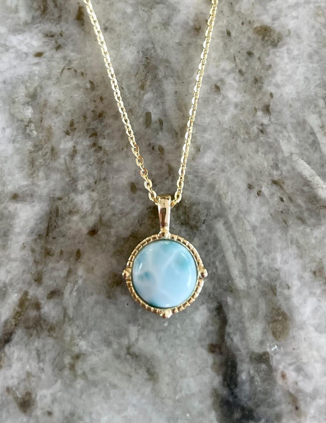 Dainty Gold Larimar Pendant Necklace Natural Larimar Gold 925 Sterling ...