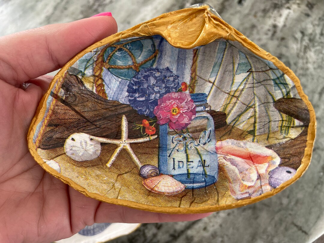 Sea Shell Oyster Shell Jewelry Dish Trinket Dishes Ring Dish Nautical Themed Decoupage Oyster ...
