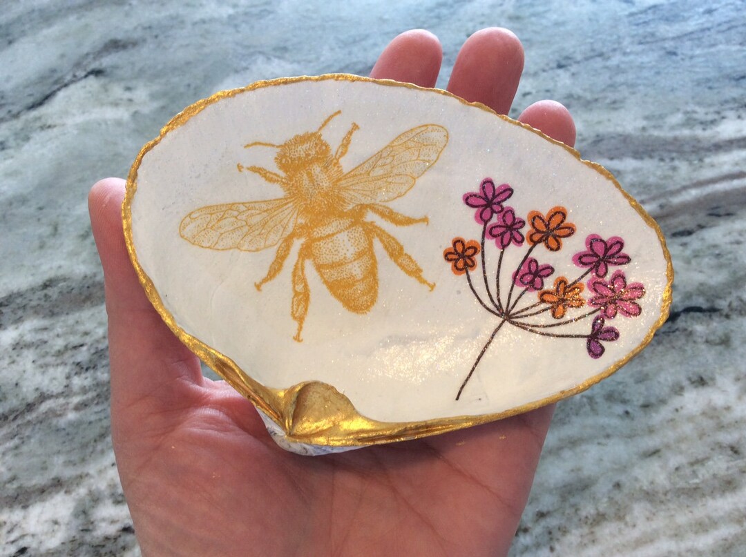 Golden Bee Shell Hand Painted Clam Shell Jewelry Dish Trinket Dishes ...