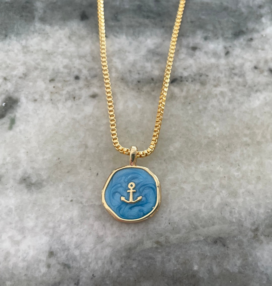 Gold Blue Anchor Necklace Nautical Necklace Nautical Jewelry Nautical ...