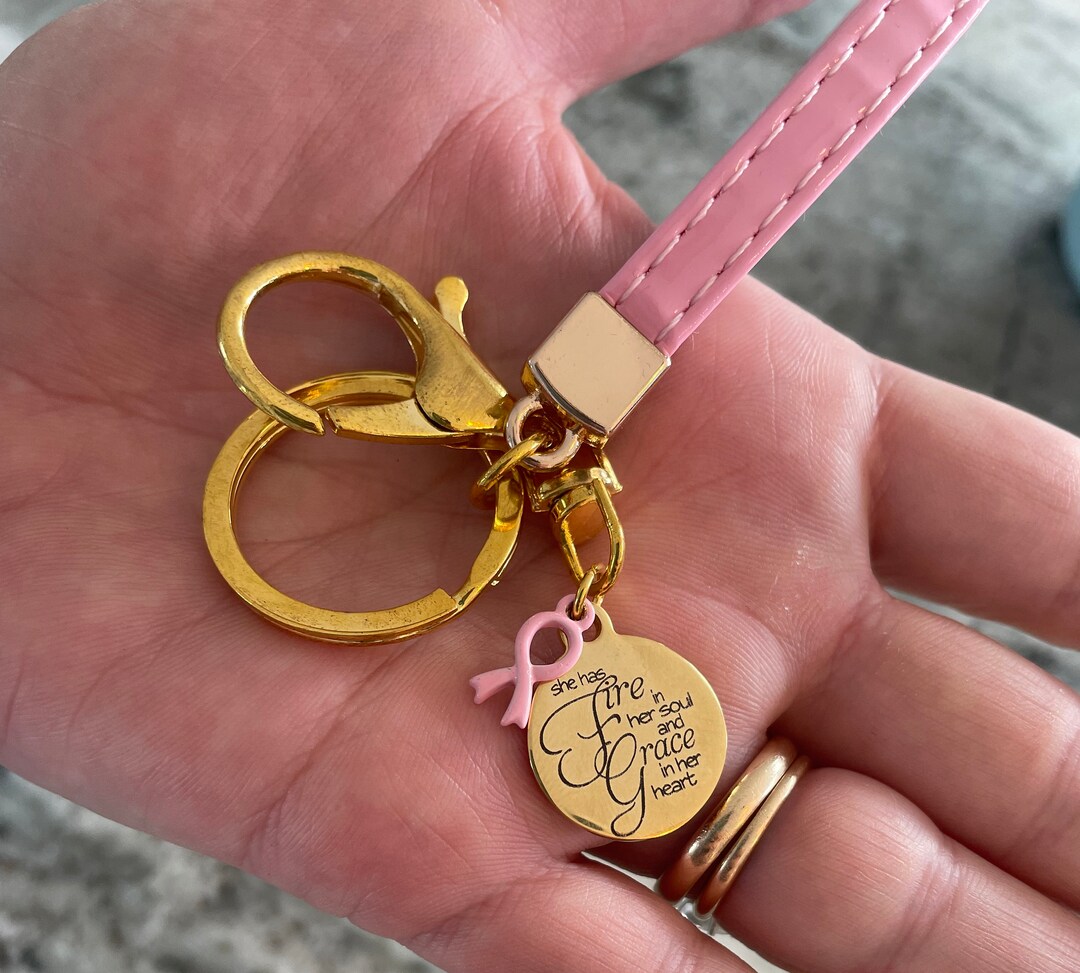 She is Fire and Grace Pink Awareness FOB Keychain Pink Ribbon Gold ...